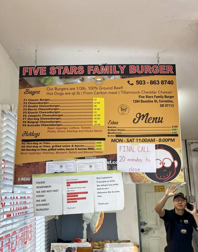 The menu board doesn't just list options&mdash;it proudly announces its commitment to quality with Carlton meat and Tillamook cheddar taking center stage.