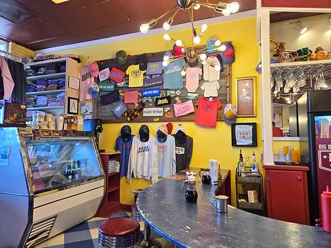 BBB merchandise wall: where breakfast enthusiasts can take home a souvenir of their pancake pilgrimage. T-shirt calories don't count.