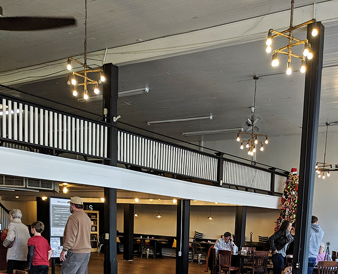 From the mezzanine, you can survey your delicious domain while chandeliers cast a golden glow over fellow food adventurers below.