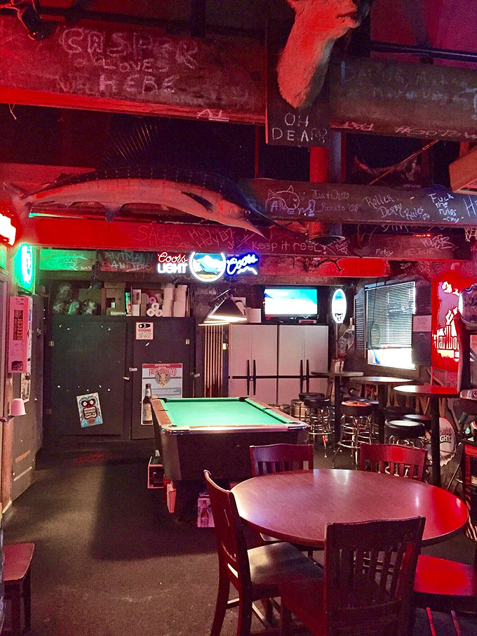 The pool table lurks in the background like a patient friend, waiting for you to finish your chicken before challenging you.