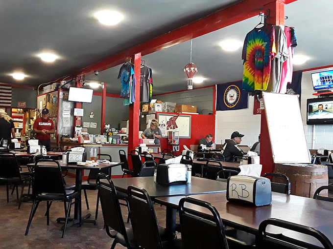 Tie-dye shirts hanging from the ceiling beams add a splash of color to this no-nonsense eatery where food trumps fancy every time. 