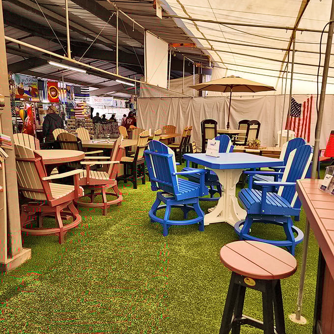 Outdoor furniture that screams "invite the neighbors over!" These colorful Adirondack sets practically guarantee better backyard barbecues.