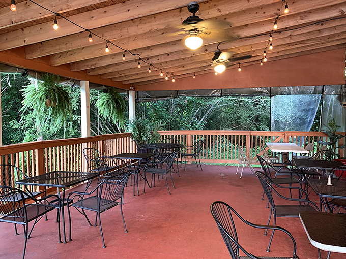The covered patio offers al fresco dining with string lights overhead&mdash;casual magic for those perfect North Carolina evenings.
