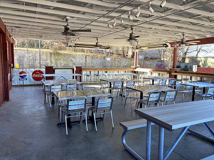 The outdoor patio where you can enjoy your chicken in the fresh air, which you might need after tackling the spicier options.