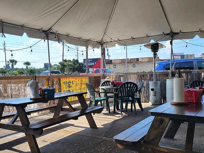 Outdoor dining with no pretension. Just picnic tables, fresh air, and the promise of seafood that tastes even better under an open sky.