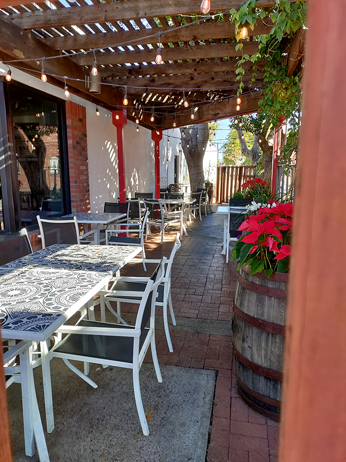 The outdoor patio, with its string lights and climbing vines, transforms ordinary coffee breaks into mini vacations.