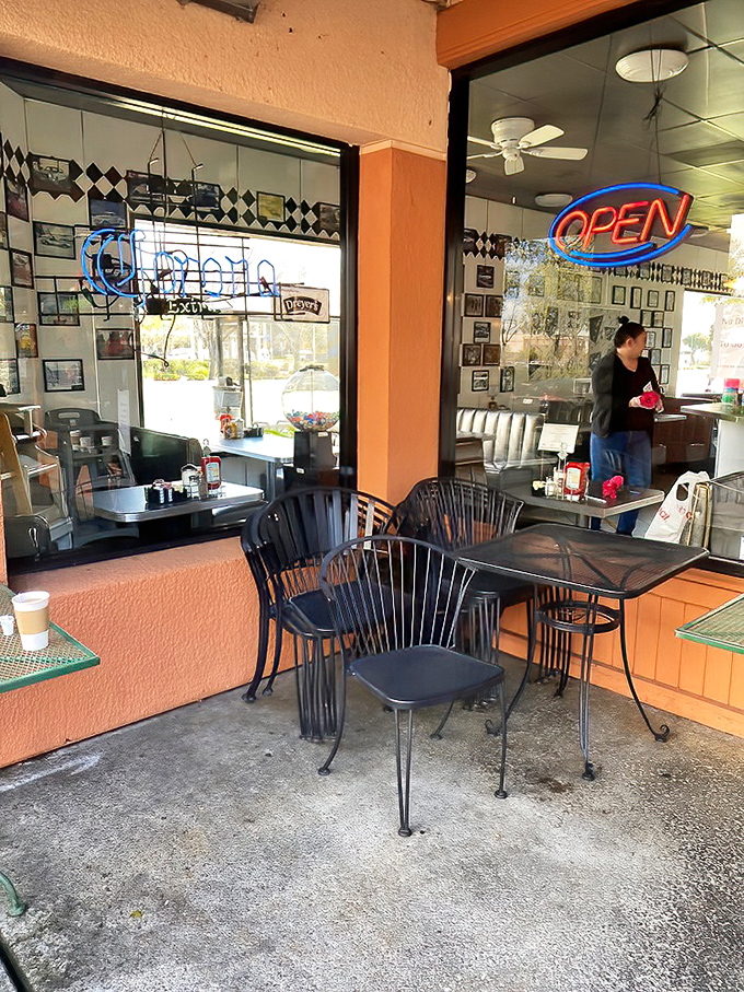 The outdoor seating area offers fresh air with your fresh coffee. Sometimes the best dining room is under the California sky.