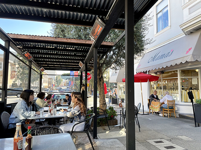 Al fresco dining, San Francisco style. The outdoor seating area offers prime people-watching with a side of fresh air and urban energy.