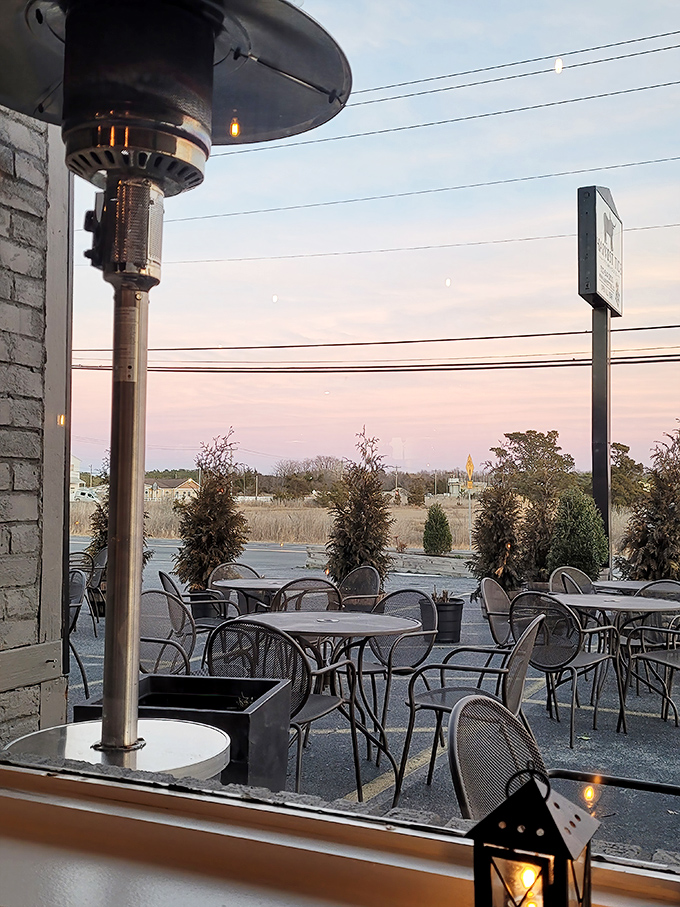 Outdoor seating with a view of Delaware skies. Even the patio heaters look like they're dressed for a fancy occasion.