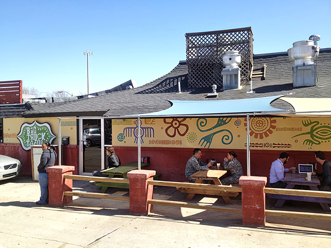 Outdoor dining with southwestern flair, where the Oklahoma sun and taco happiness create the perfect afternoon equation.