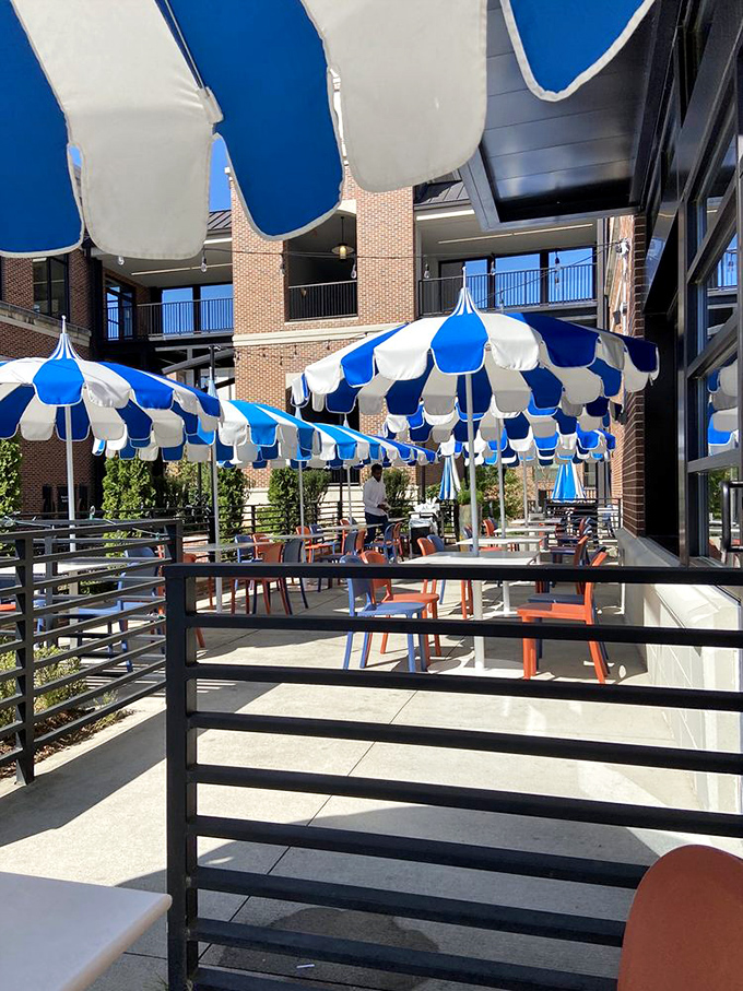 Those blue and white umbrellas aren't just for show&mdash;they transform the outdoor patio into a seaside-inspired oasis in the heart of Sandy Springs.