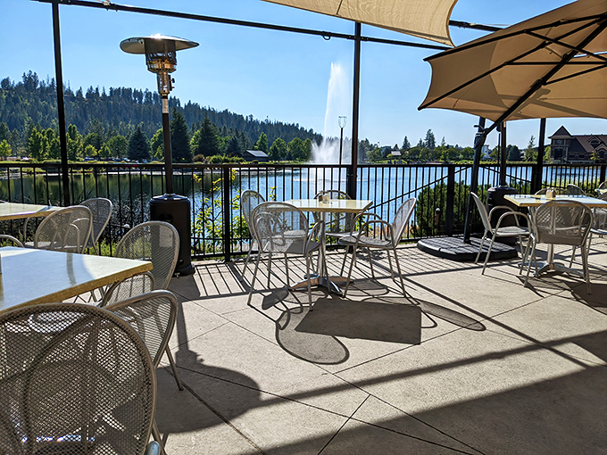 The outdoor patio offers front-row seats to Lake Coeur d'Alene's natural beauty&mdash;dining with a side of mountain air and water views that no interior designer could replicate.