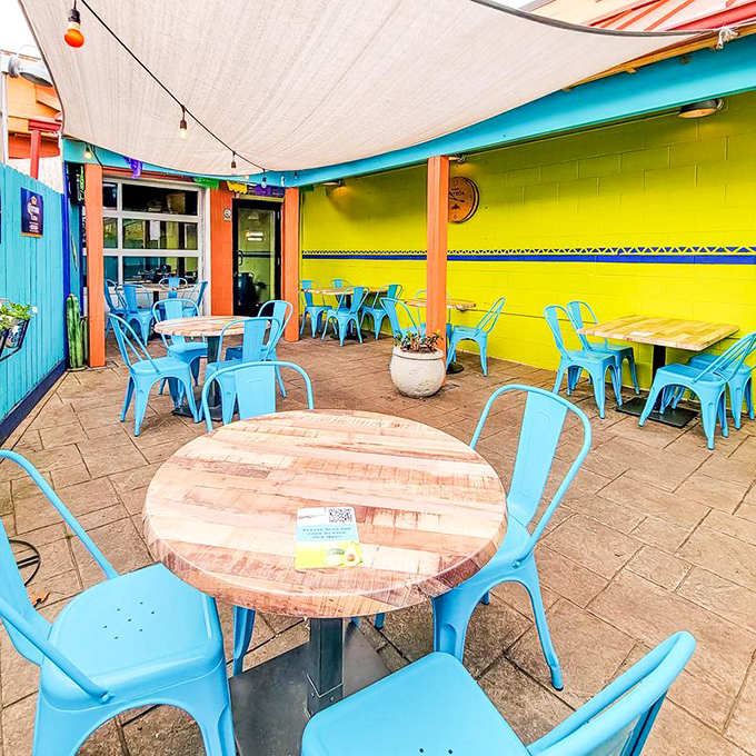 The patio's vibrant blue chairs and sunshine-yellow walls create an instant vacation vibe, even in the heart of Columbus.