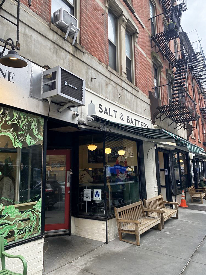 A Greenwich Village institution hiding in plain sight. The unassuming storefront with its wooden benches offers a moment of British charm amid New York's hustle.