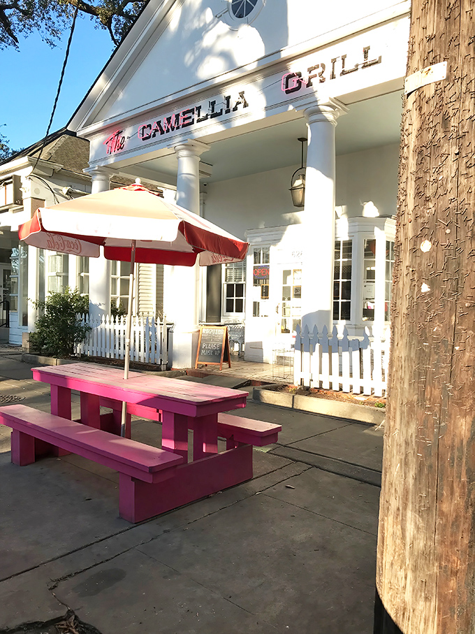The pink picnic table says it all&mdash;casual, cheerful, and ready for you to bring your appetite to the outdoor party.
