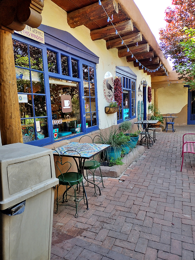 Al fresco perfection. The patio's brick floor and colorful tables create an outdoor oasis where your coffee can soak up as much New Mexico sunshine as you do.