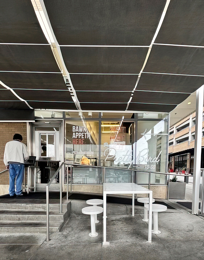 Outdoor seating that's as clean and modern as the food is soulful. Urban dining with a side of people-watching.