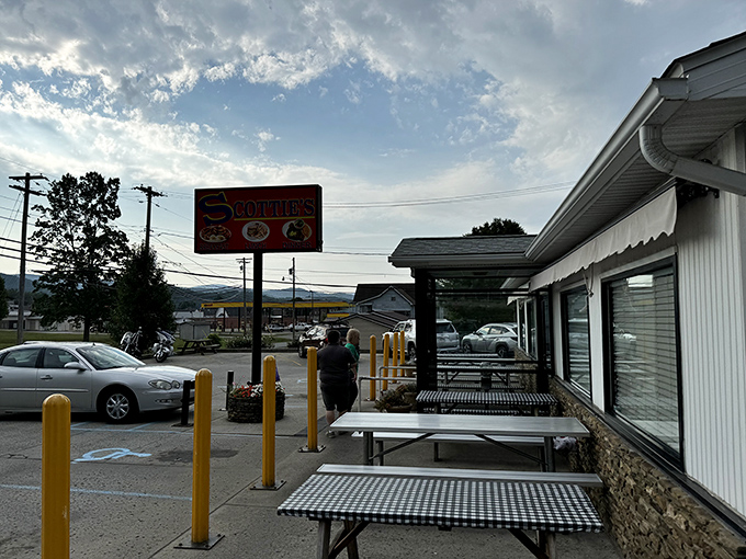 Outdoor seating with a side of fresh mountain air. Those checkered picnic tables have hosted countless summer meals and roadside pit stops.
