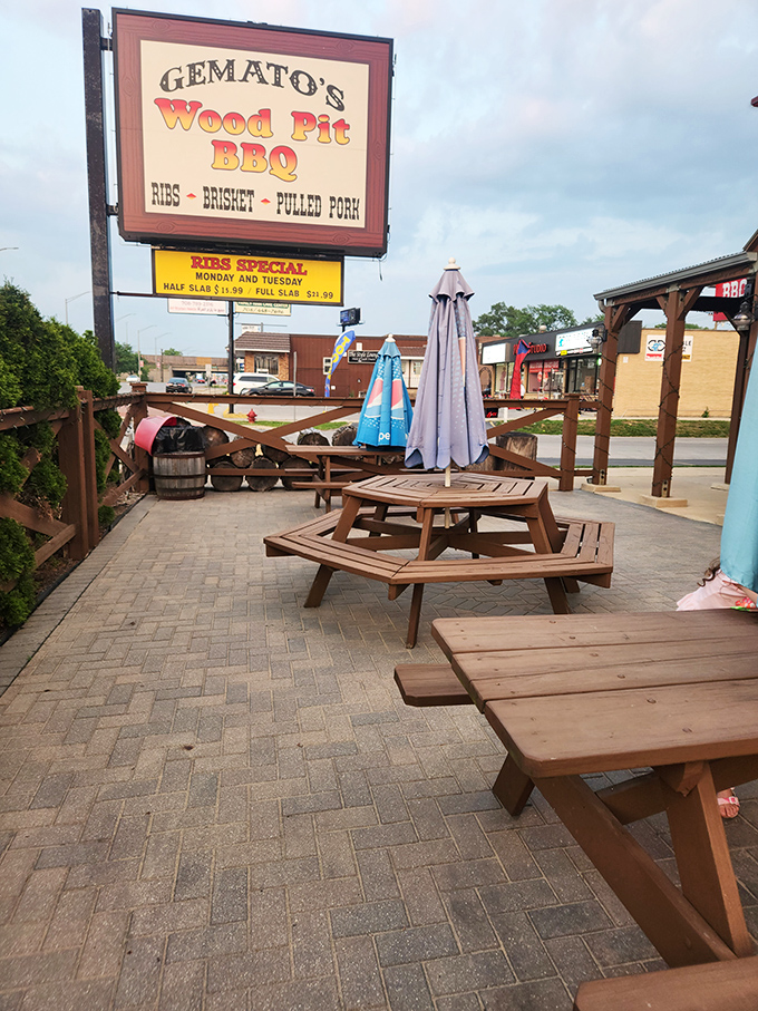 Outdoor seating where the fresh air helps you convince yourself you're balancing out all that barbecue with "nature" and "exercise."