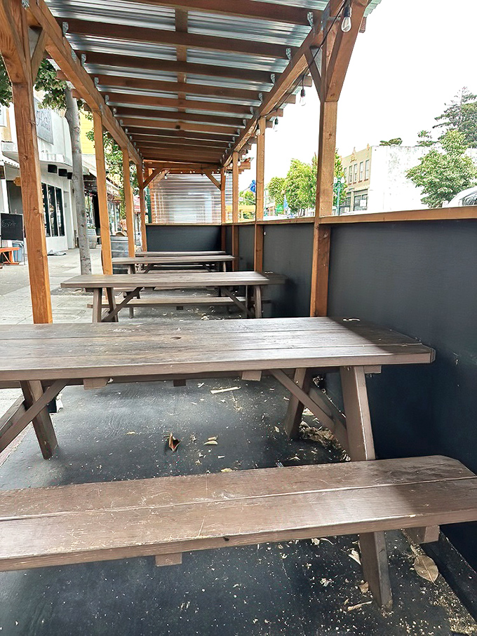 Rustic outdoor seating provides a perfect perch for people-watching while you contemplate ordering seconds. Or thirds.