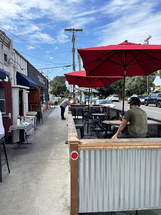The outdoor seating area offers fresh air with your fresh burger. California sunshine and a Rocky's cheeseburger&mdash;some things are worth leaving the couch for.