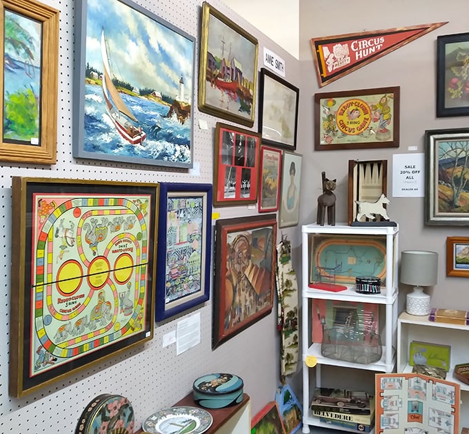 From vintage board games to nautical paintings, this wall gallery offers affordable nostalgia. That "Circus Hunt" pennant probably has stories we can only imagine.