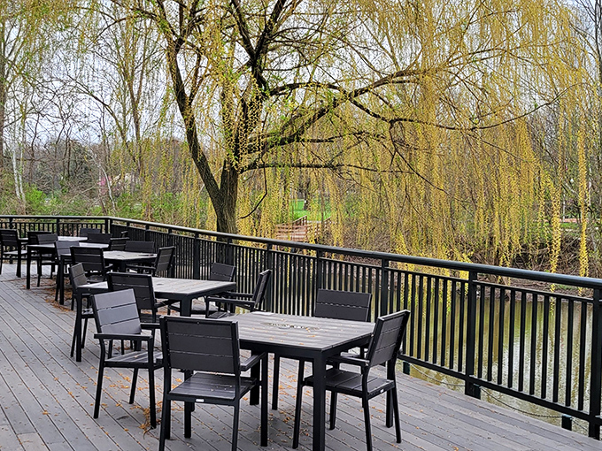 When Ohio weather cooperates, this creekside patio offers alfresco dining with a side of serenity under the gentle sway of weeping willows.