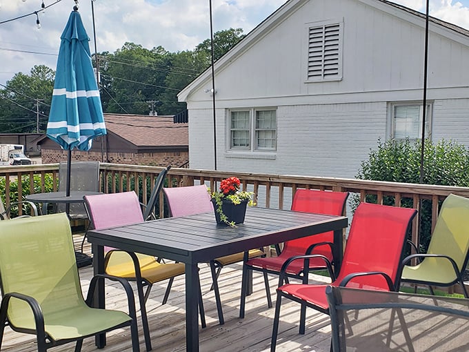 Colorful outdoor seating brings a splash of joy to dessert enjoyment &ndash; because vitamin D and cheesecake might be the perfect Mississippi combination.