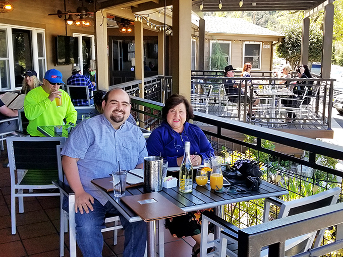 The outdoor patio offers mountain views with your meal &ndash; nature's entertainment program that never needs buffering.