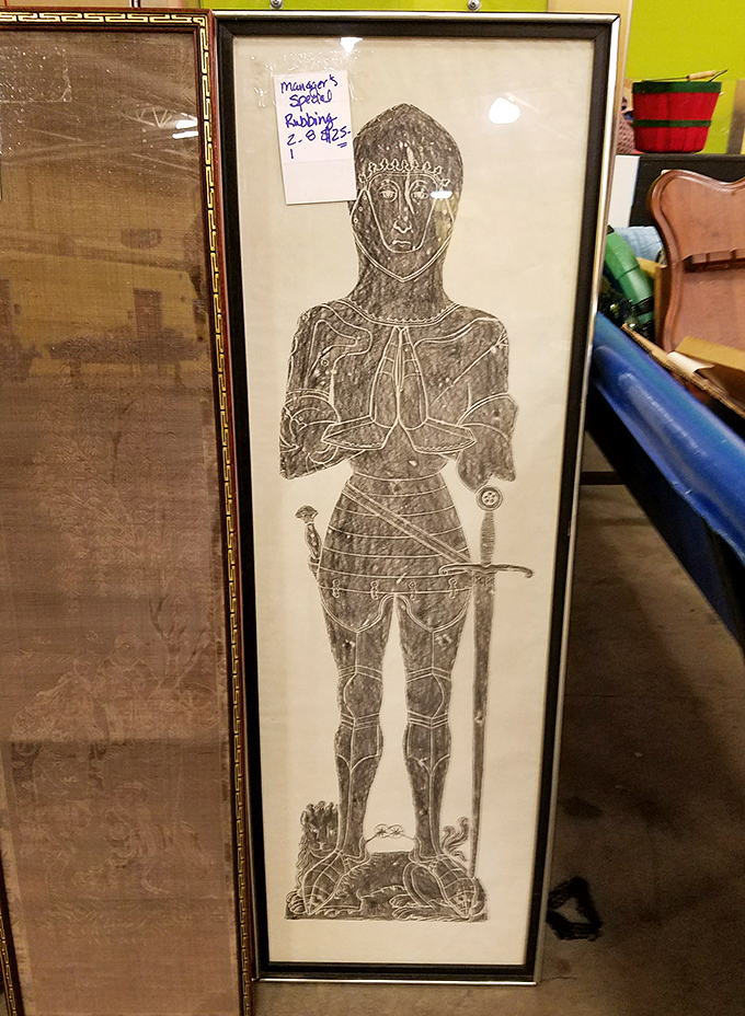 Medieval knight rubbing that's someone's conversation piece waiting to happen &ndash; imagine explaining this unique wall art at your next dinner party!