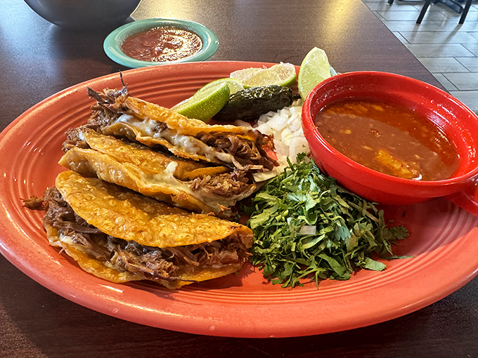 Quesabirria tacos aren't just a trend&mdash;they're edible art. Crispy tortillas filled with tender beef, meant for dipping in that vibrant consomm&eacute;.