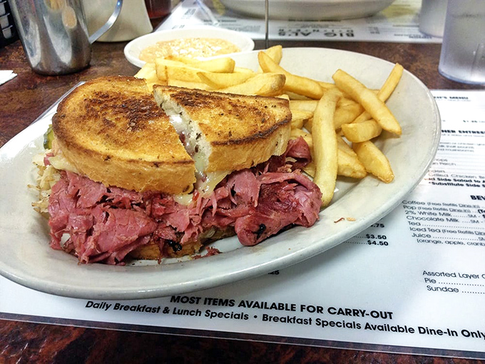 A Reuben sandwich that doesn't mess around&mdash;corned beef piled higher than some Cleveland buildings, with fries that demand equal attention.