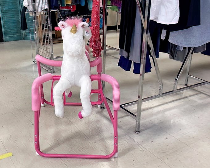 The mythical unicorn awaits adoption on its pink throne. Some lucky child will soon have the stuffed companion of their dreams.