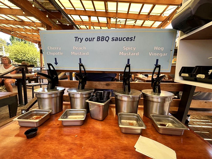 The sauce station offers flavor personality tests. Are you Cherry Chipotle or Hog Vinegar? The answer reveals more than your zodiac sign.