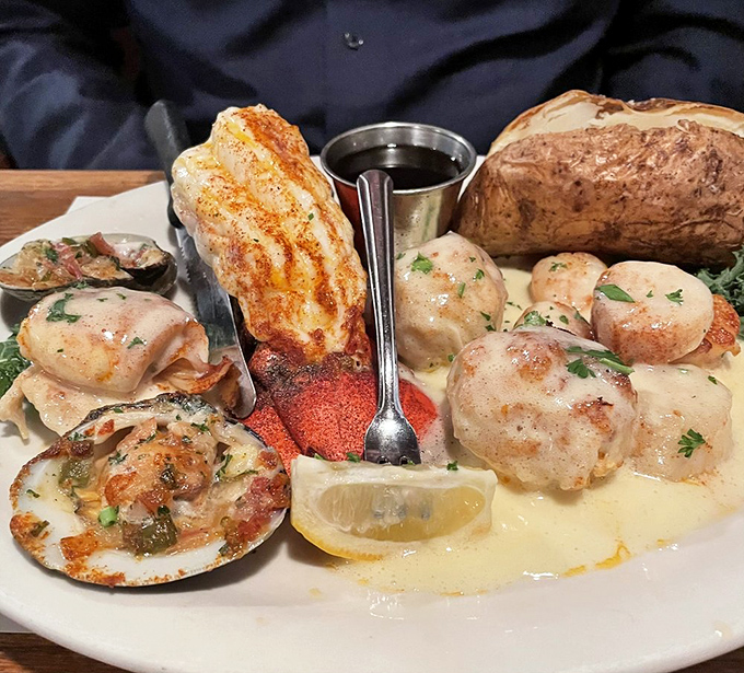 The seafood combo plate is an oceanic greatest hits album, featuring lobster tail, scallops, and clams that taste impossibly fresh.