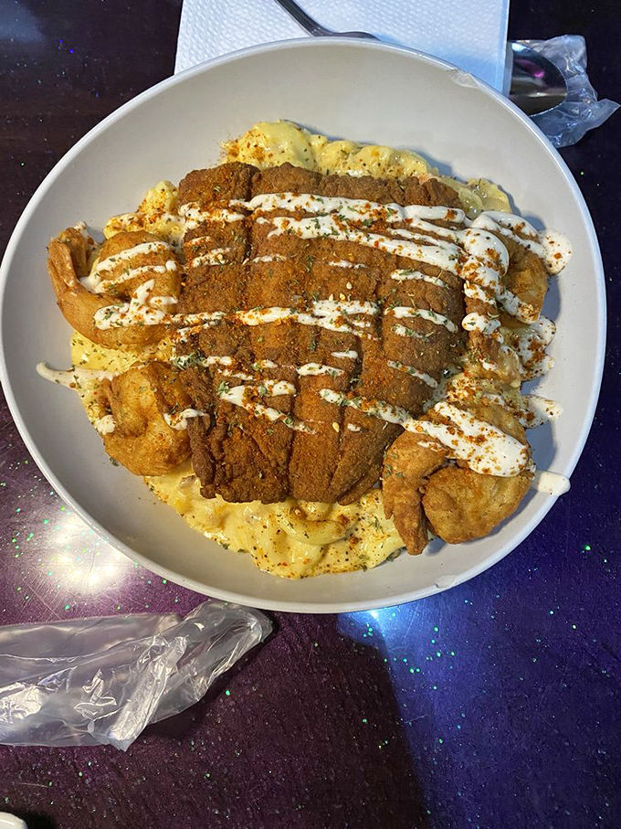 Seafood mac and cheese&mdash;where comfort food puts on its fancy clothes but still remembers where it came from. 