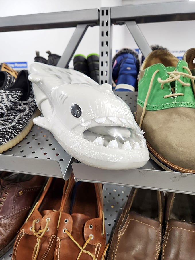 The shoe shelf safari yields exotic specimens. That shark-shaped oddity proves thrifting rule #1: expect the unexpected, embrace the bizarre.