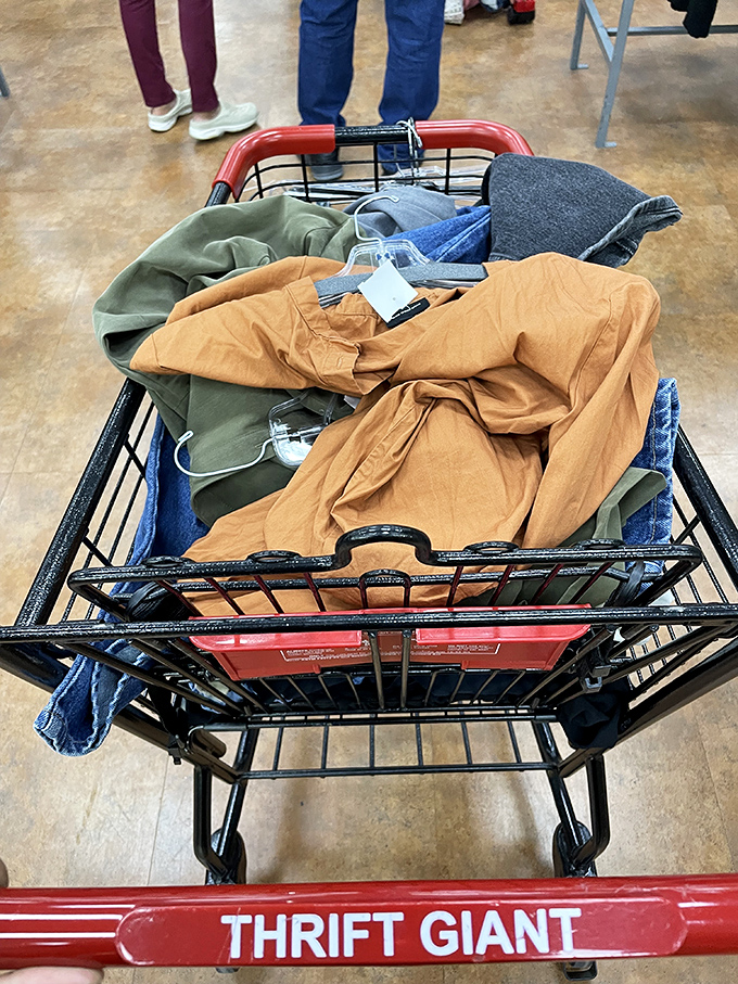 Cart full of potential! A Thrift Giant shopping cart loaded with fashion finds represents the thrill of the hunt and victory of discovery.