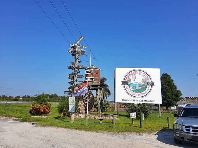 This whimsical directional sign at Showcase of Citrus says "tourist trap" in the most charming way possible. Follow the arrows to authentic Florida flavor.