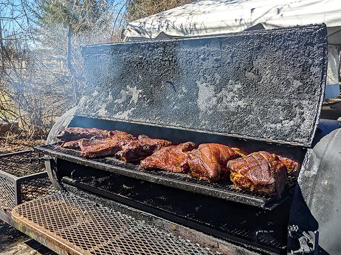 The holy grail of BBQ: an actual smoker with actual smoke. No liquid smoke shortcuts here&mdash;just time, temperature, and tradition working their magic.