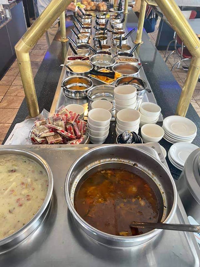 The soup station&mdash;where liquid comfort awaits in steaming metal cauldrons. Chicken noodle that could cure anything from colds to heartbreak.