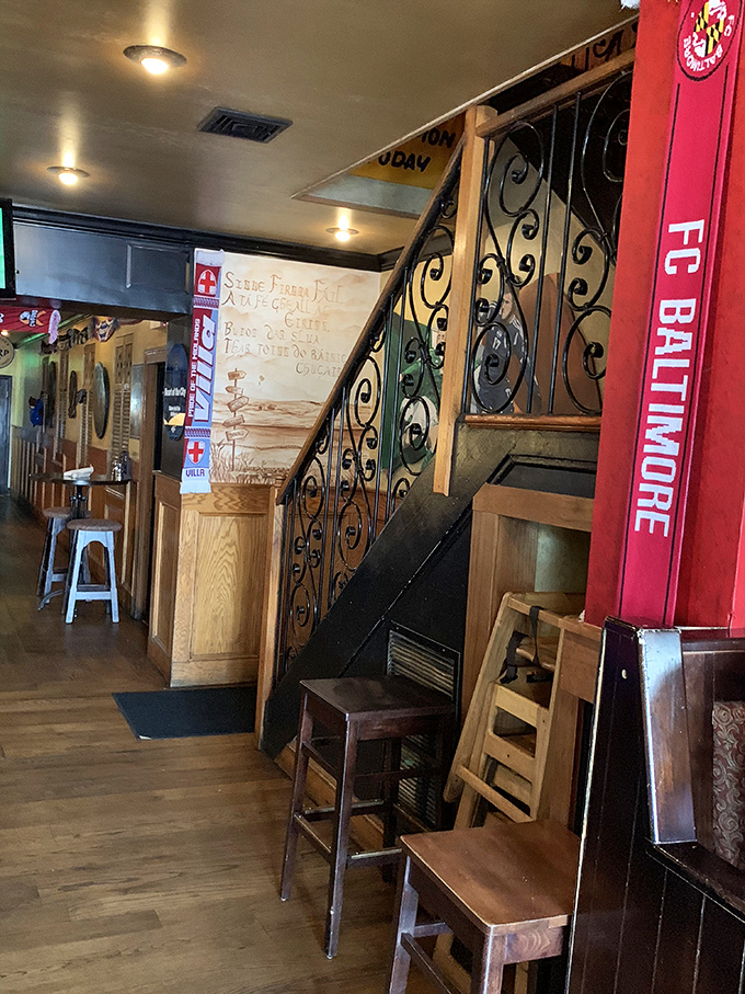 The staircase doesn't just lead to another floor&mdash;it's a portal to more merriment, with Baltimore sports pride marking the journey upward.