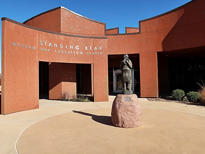 The Standing Bear Museum's distinctive terra cotta exterior houses powerful exhibits on Native American history and the Ponca chief's legacy.