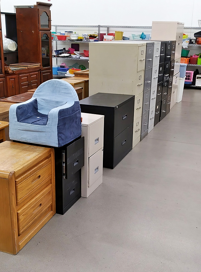 File cabinets stand at attention like metal soldiers, ready to organize your life at a fraction of office supply store prices.