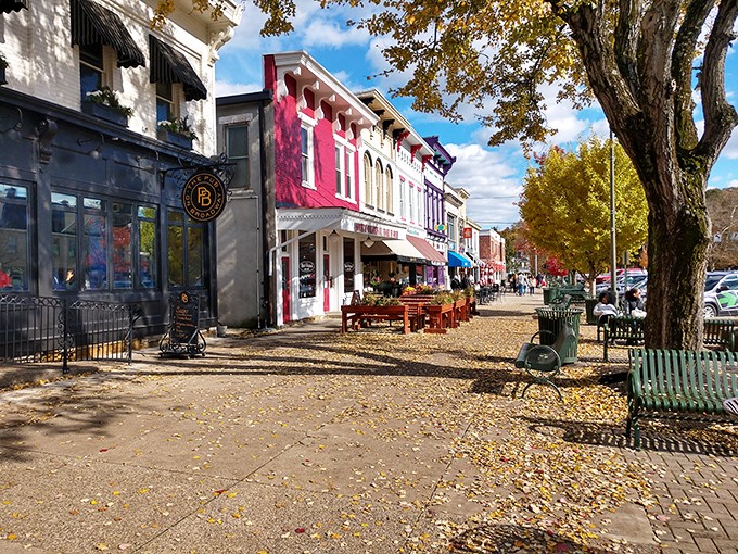 Autumn leaves carpet Broadway's sidewalks with gold, nature's way of accessorizing Granville's already picture-perfect storefronts.