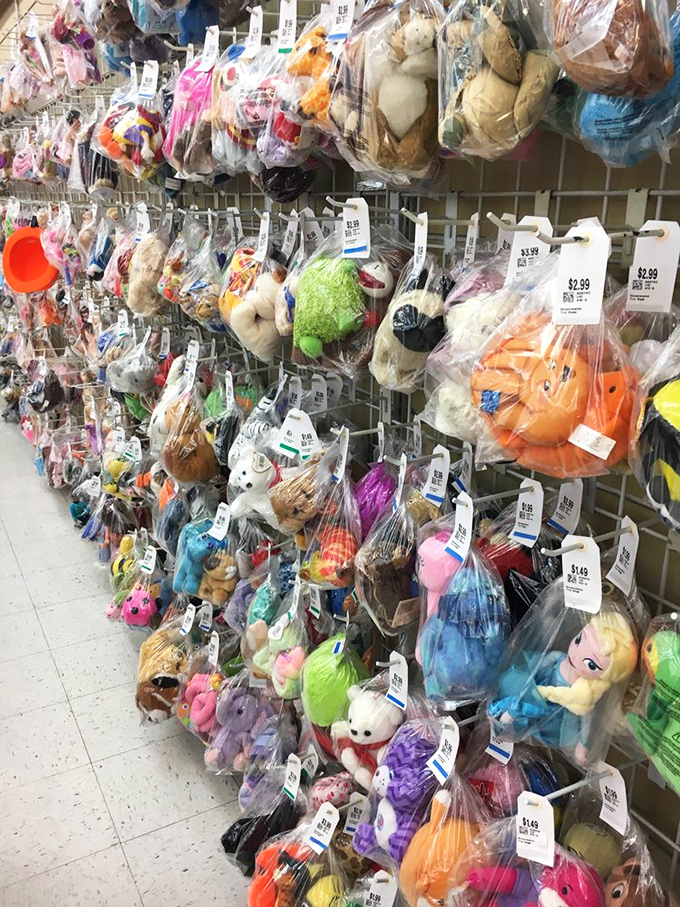 Stuffed animals galore, each with that "adopt me" look perfected through years of sitting on children's beds and department store shelves.