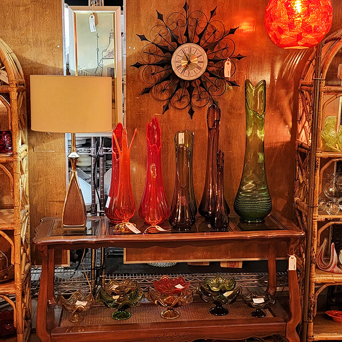 Mid-century swung glass in vibrant jewel tones creates a sunset effect that no mass-produced décor could ever hope to capture.