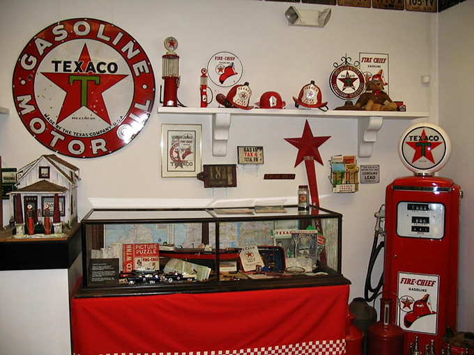 The Texaco memorabilia wall isn't random decoration&mdash;it's a carefully curated shrine to when gas stations were landmarks, not just pit stops.