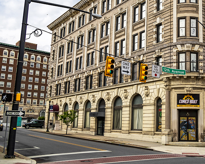 The stately Altoona Trust Company building stands as a testament to the city's former wealth, now repurposed for modern use while maintaining its historic grandeur.