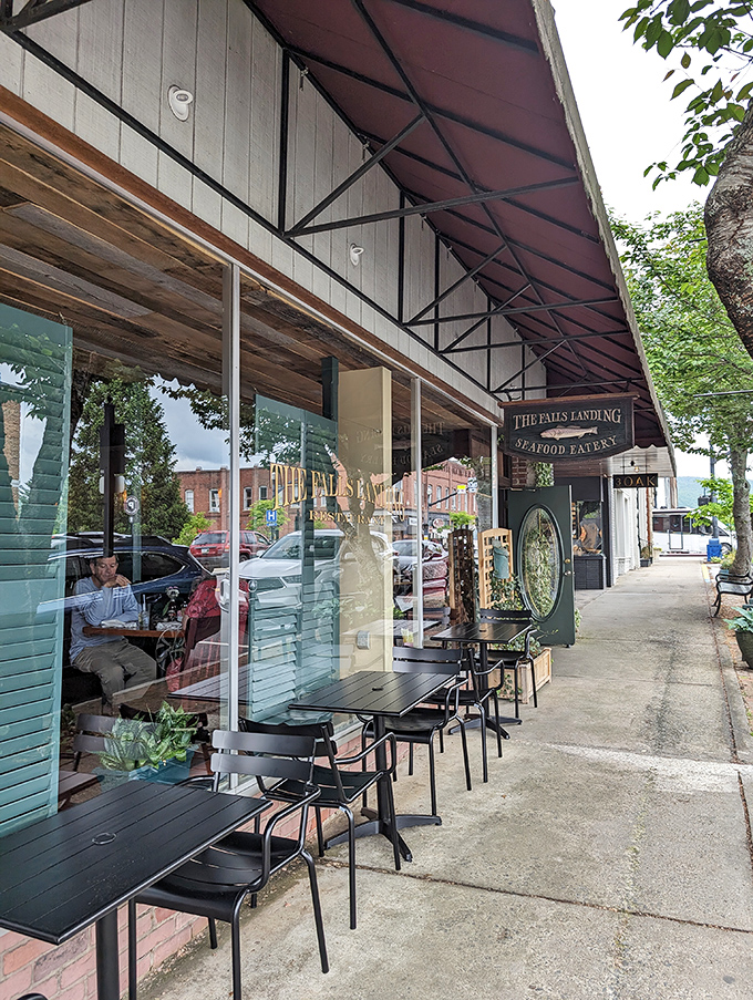 The Falls Landing Restaurant – where seafood somehow tastes fresh despite being miles from the ocean. Mountain magic at work.